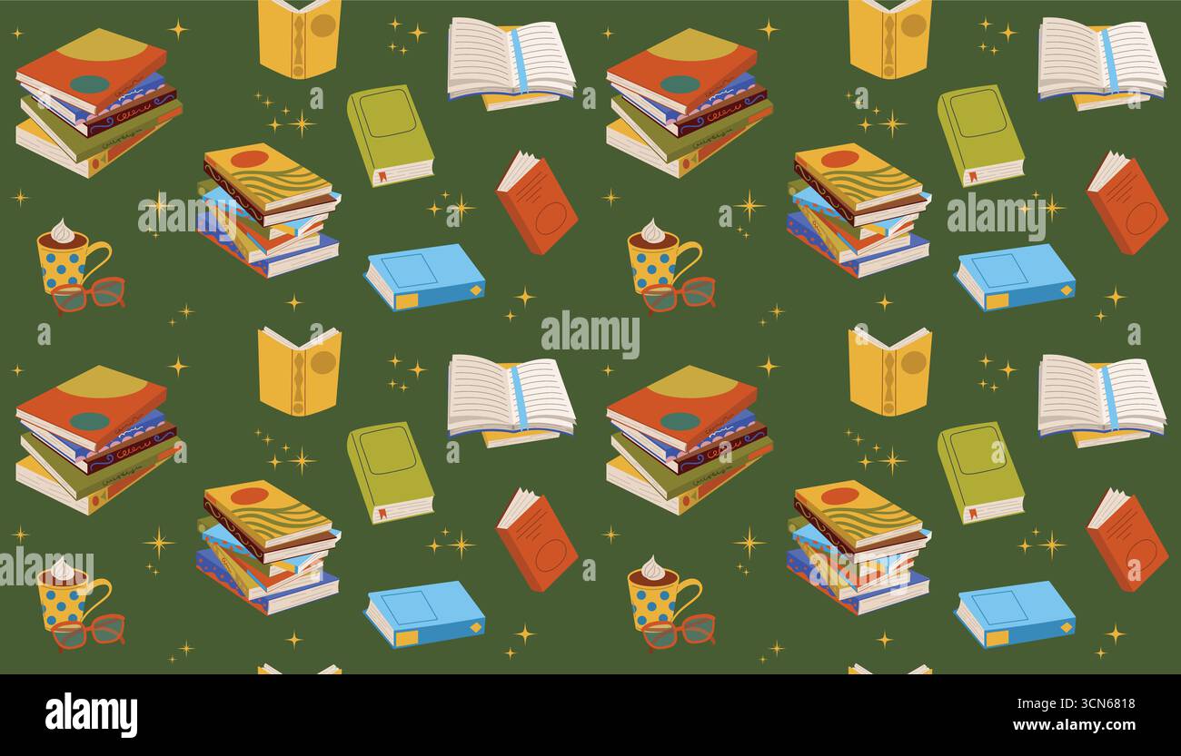 Cartoon flat seamless background with books, stacks, cocoa mug, and ...