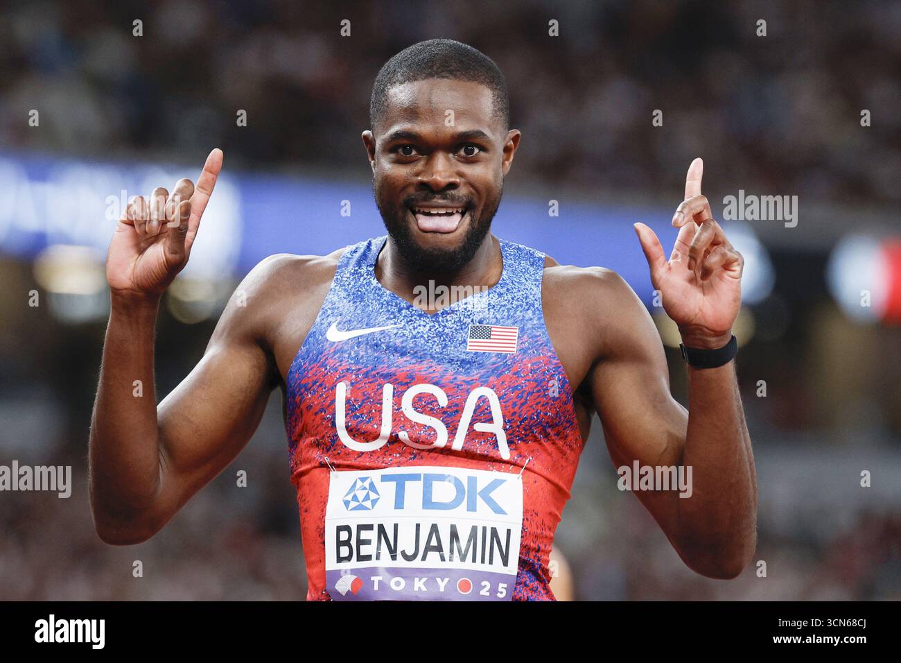 Rai Benjamin of the United States poses after winning the men's 400 ...