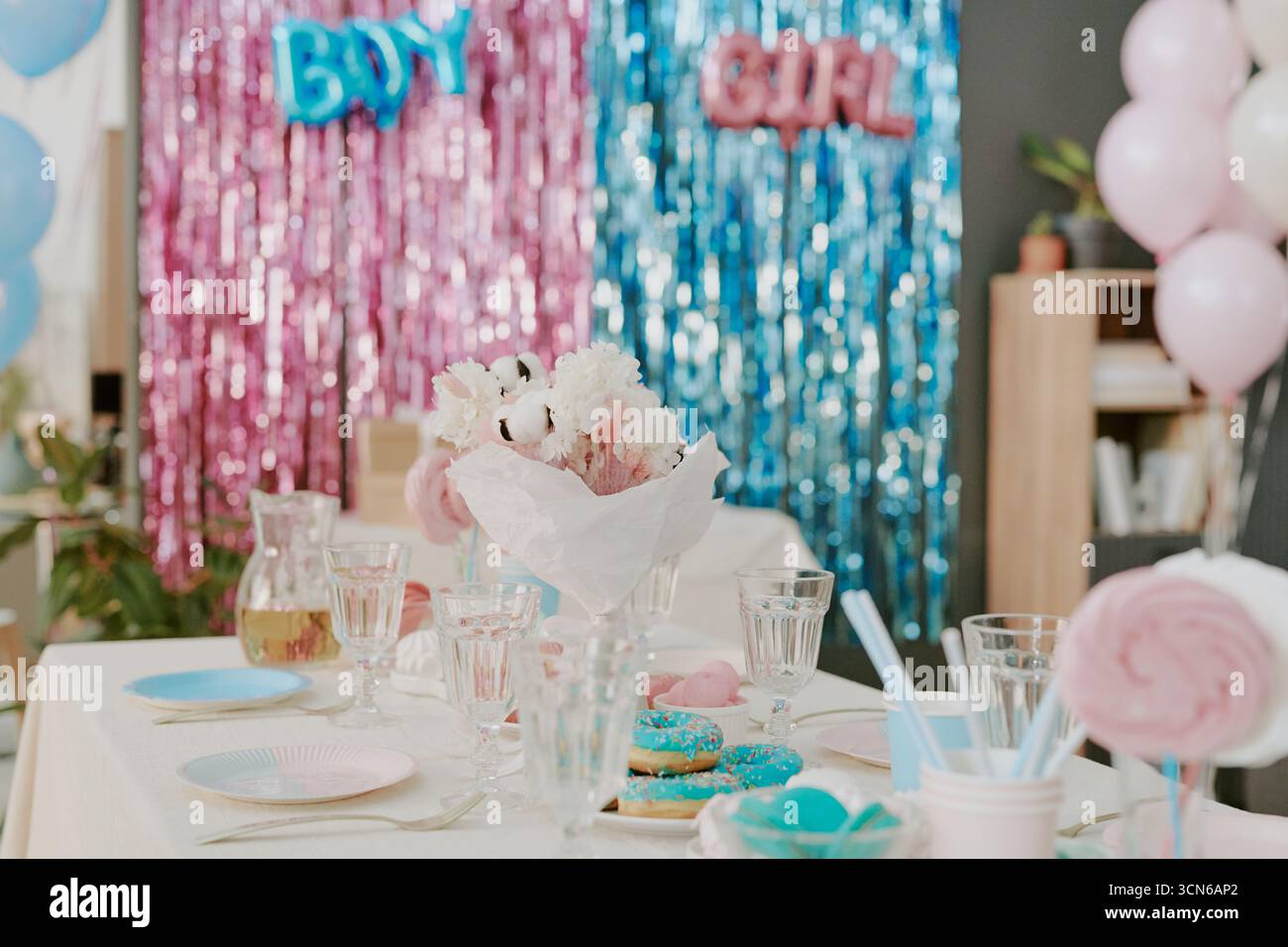 Decorated Table Setting for Gender Reveal Party Celebrating Baby ...