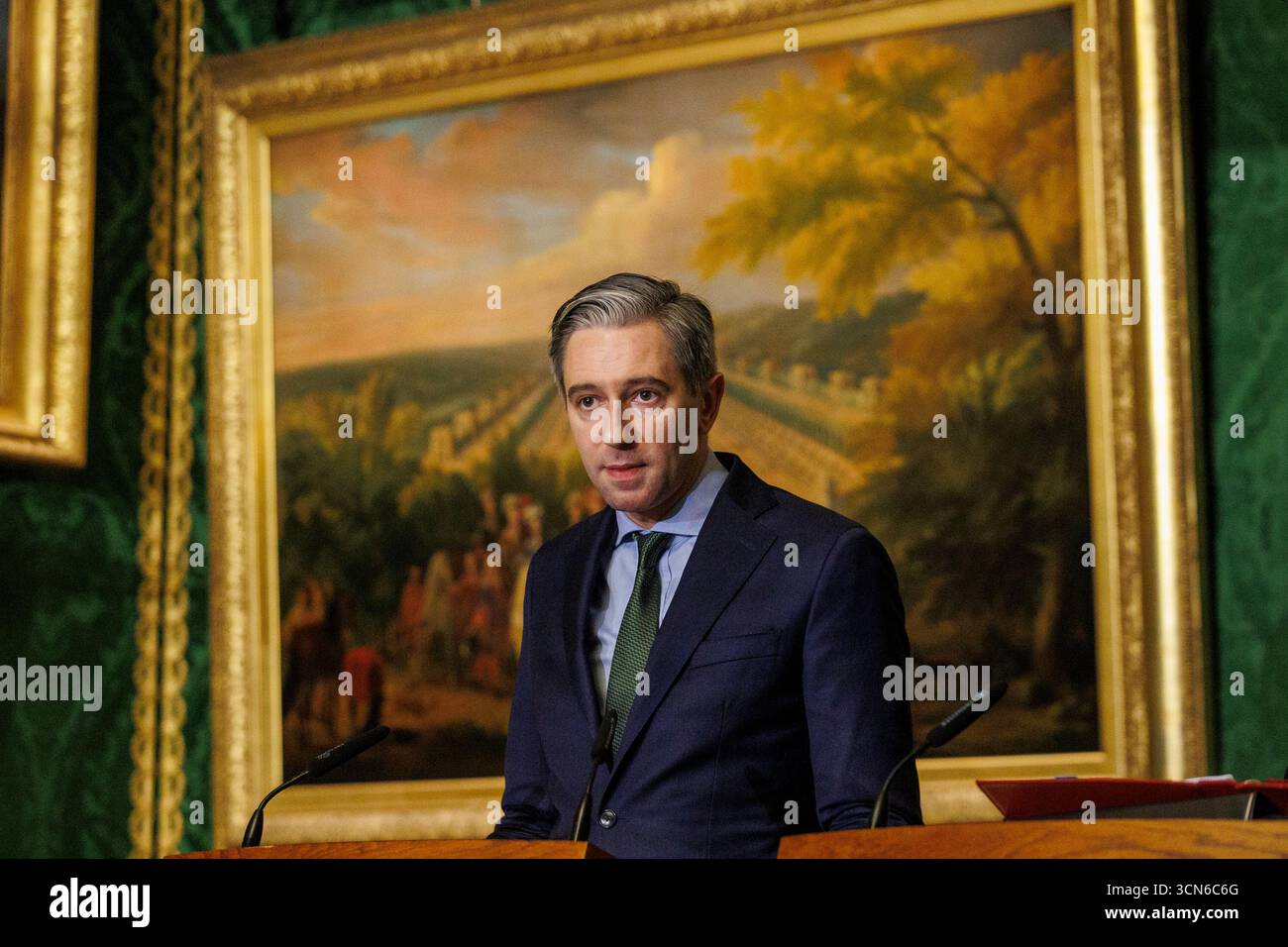 Tanaiste Simon Harris speaking to the media in the Throne Room at Hillsborough Castle, Belfast ...