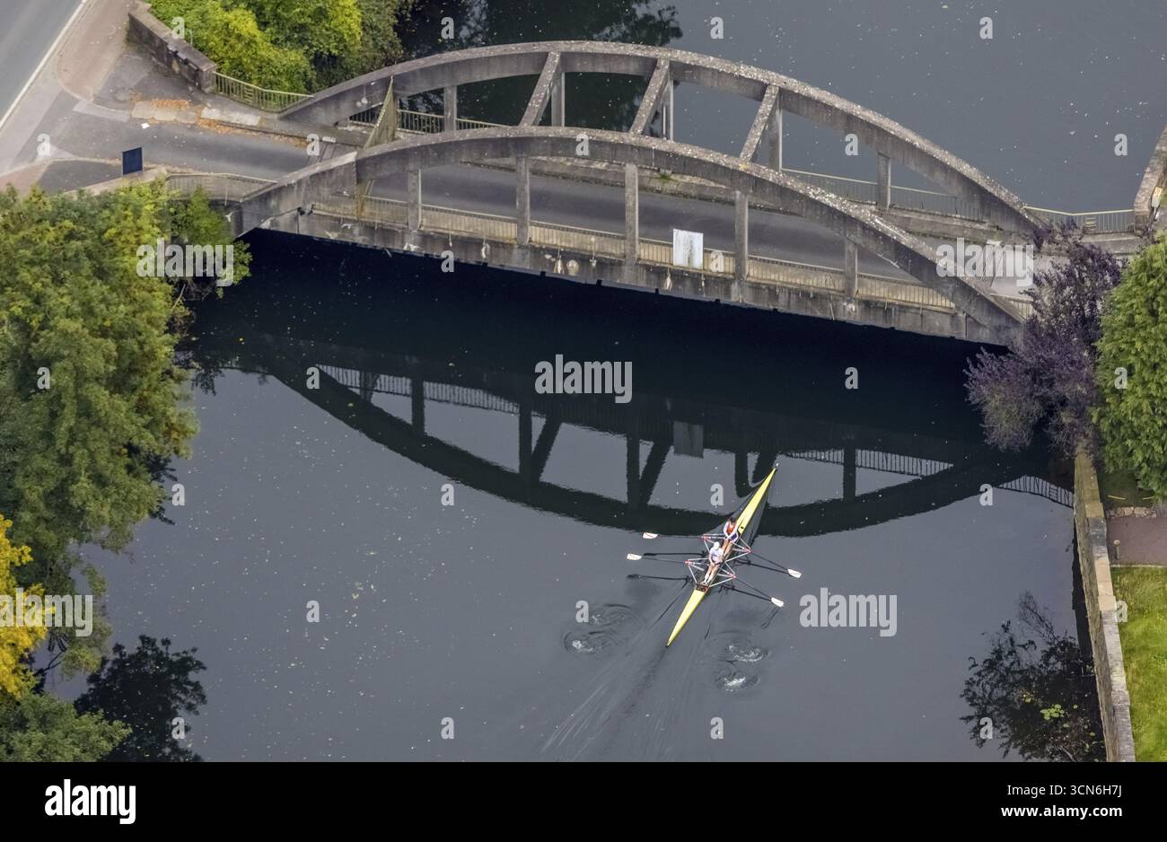 Aerial view, kayaker under the bridge at the Hohenstein hydroelectric ...