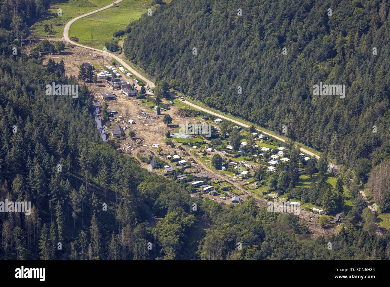 Aerial view, flooded area at the river Ahr and destroyed by flood ...