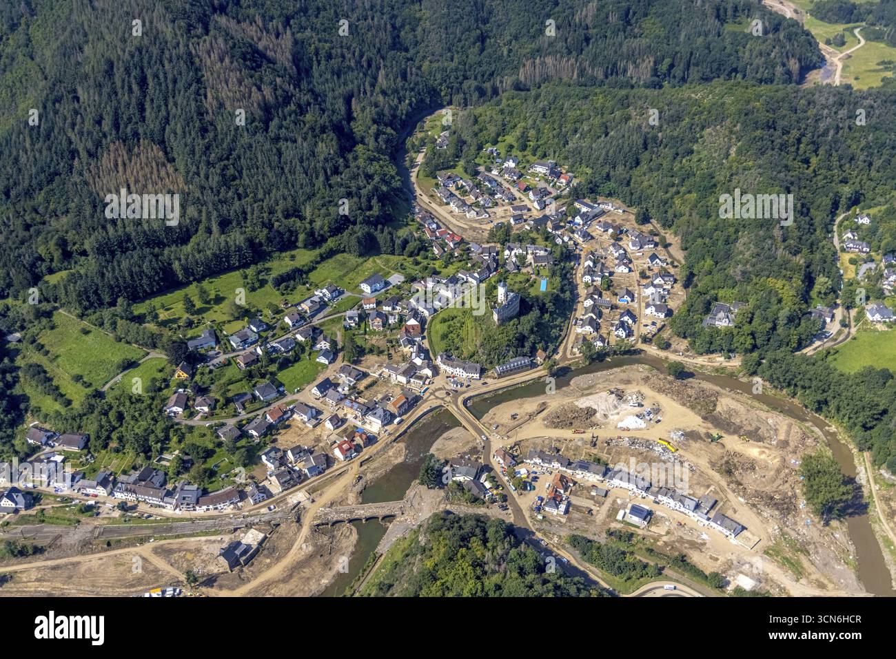 Aerial view, flooded area at the river Ahr with destroyed bridges and ...