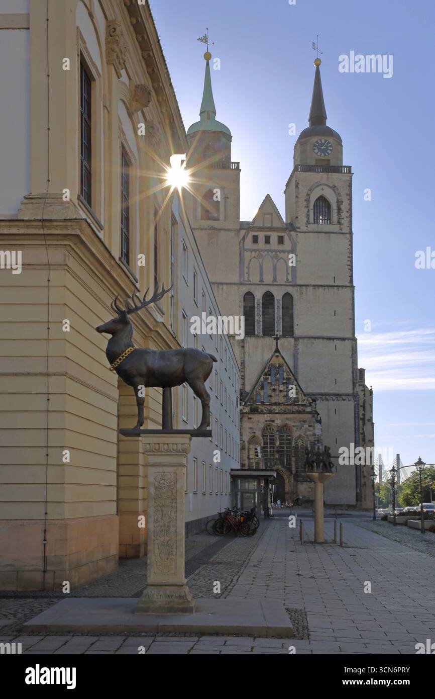 Stag column with stag statue and St John's Church in the backlight ...