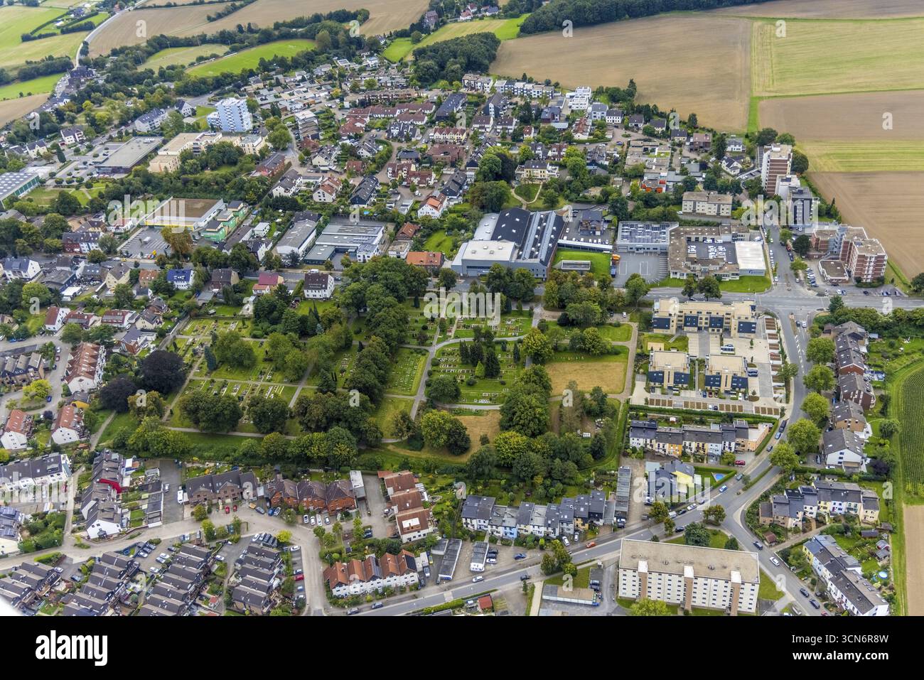Aerial view, Stockum cemetery and residential area on the corner of ...