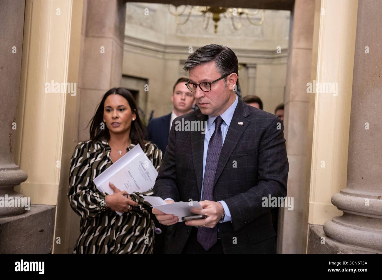 House Speaker Mike Johnson (R-La.) emerges from his office for a vote ...