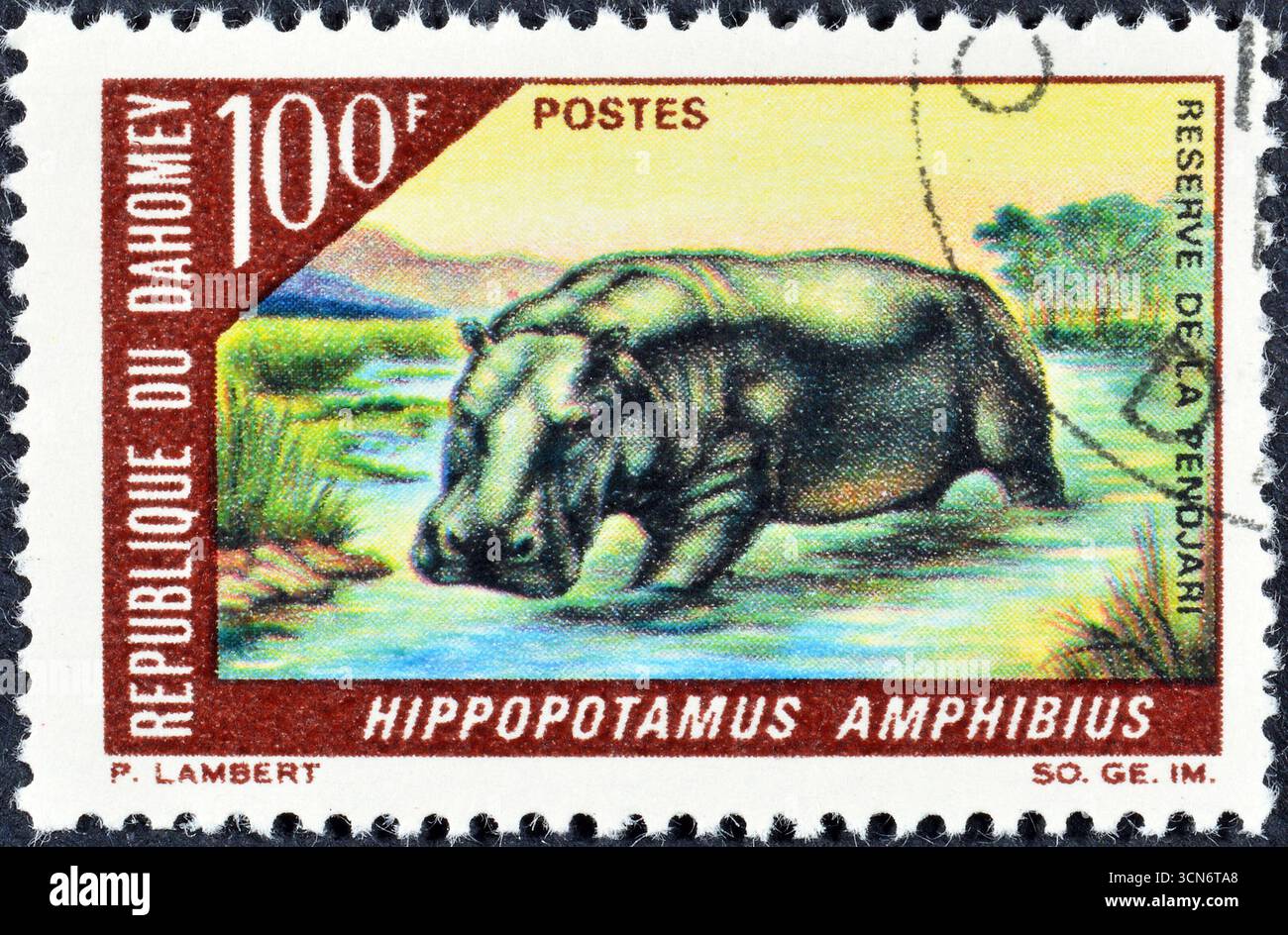 Cancelled postage stamp printed by Dahomey, that shows Hippopotamus ...