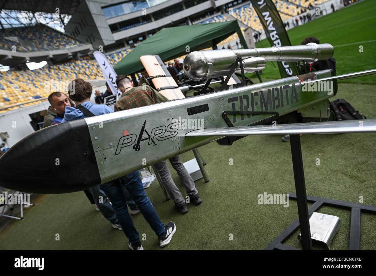 A "Trembita" long range munition is on display at the Defense Tech ...