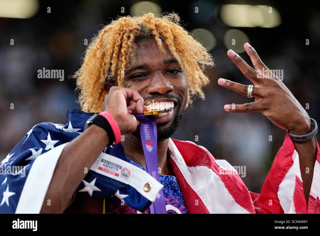 United States' Noah Lyles poses after winning the gold medal in the men ...