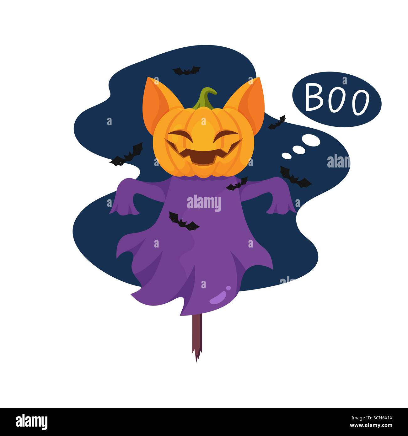 Cartoon pumpkin scarecrow character saying Boo. Cute Halloween mascot ...
