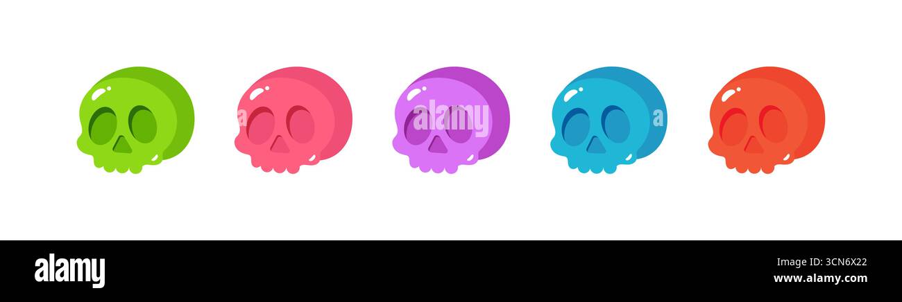 Set of cartoon candy skulls. Human skull half turned icons in different ...