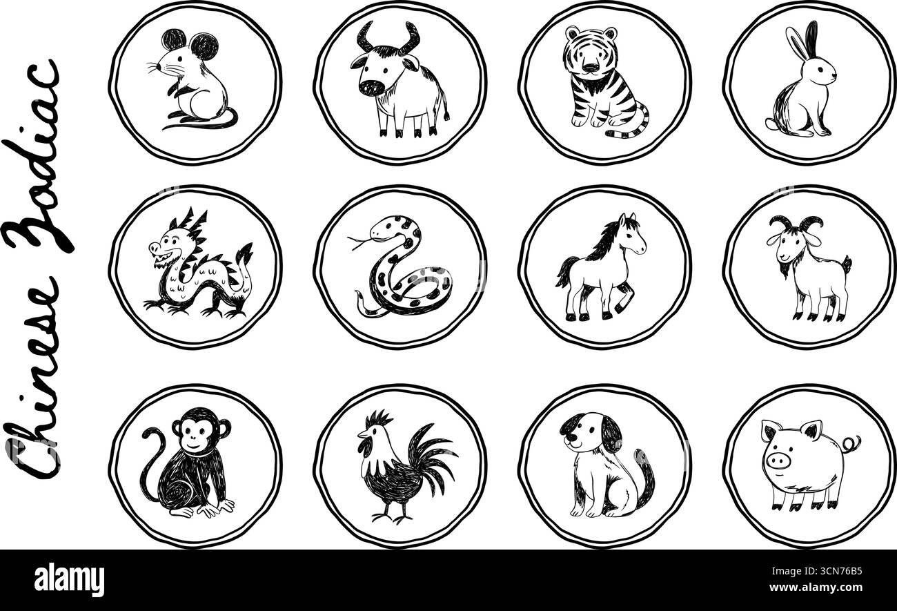 Chinese Zodiac Hand-Drawn Doodle Vector Icon Sketch Set With Horse ...