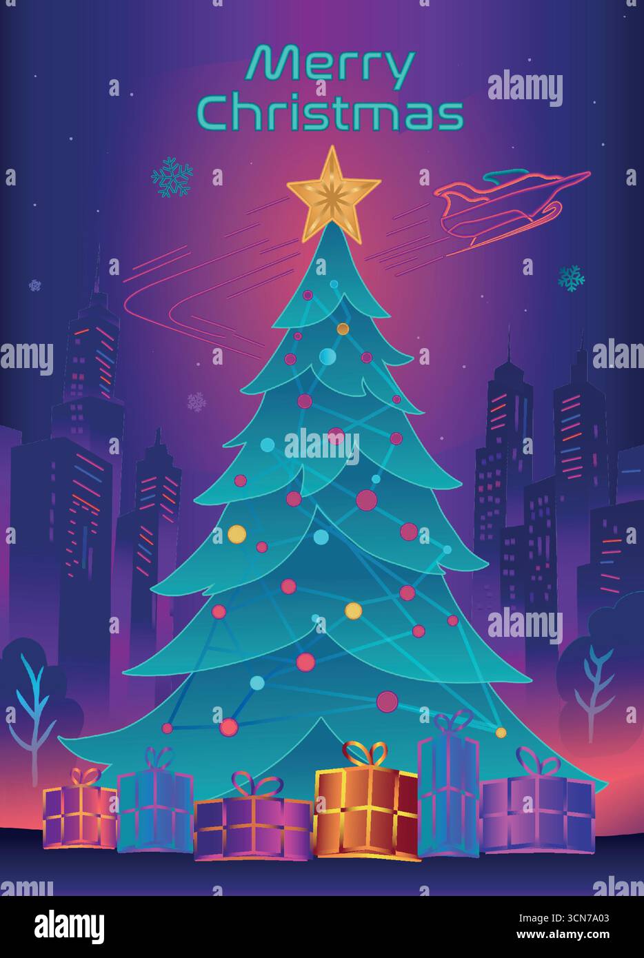 Futuristic Christmas poster with neon tree lights gifts and city ...