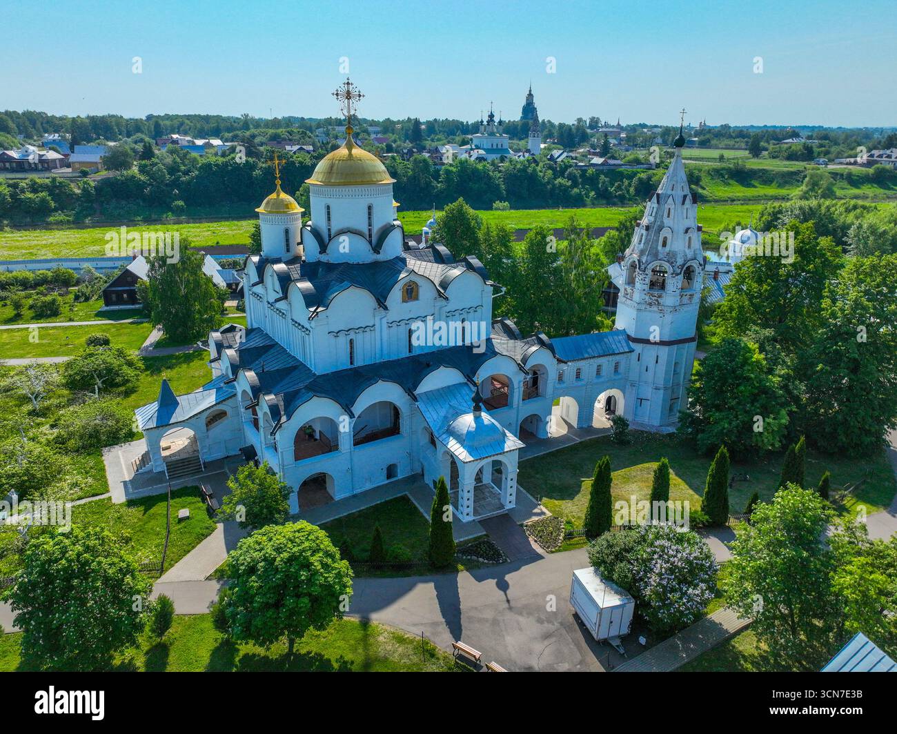 A wide aerial view of the Pokrovsky Monastery, showing its main ...