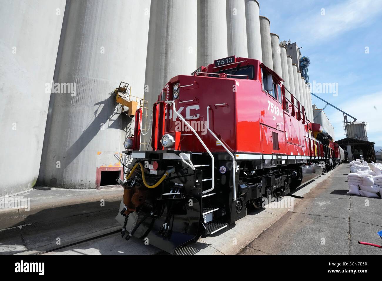 A CPKC locomotive is seen on a train at the Canadian Pacific and Kansas ...