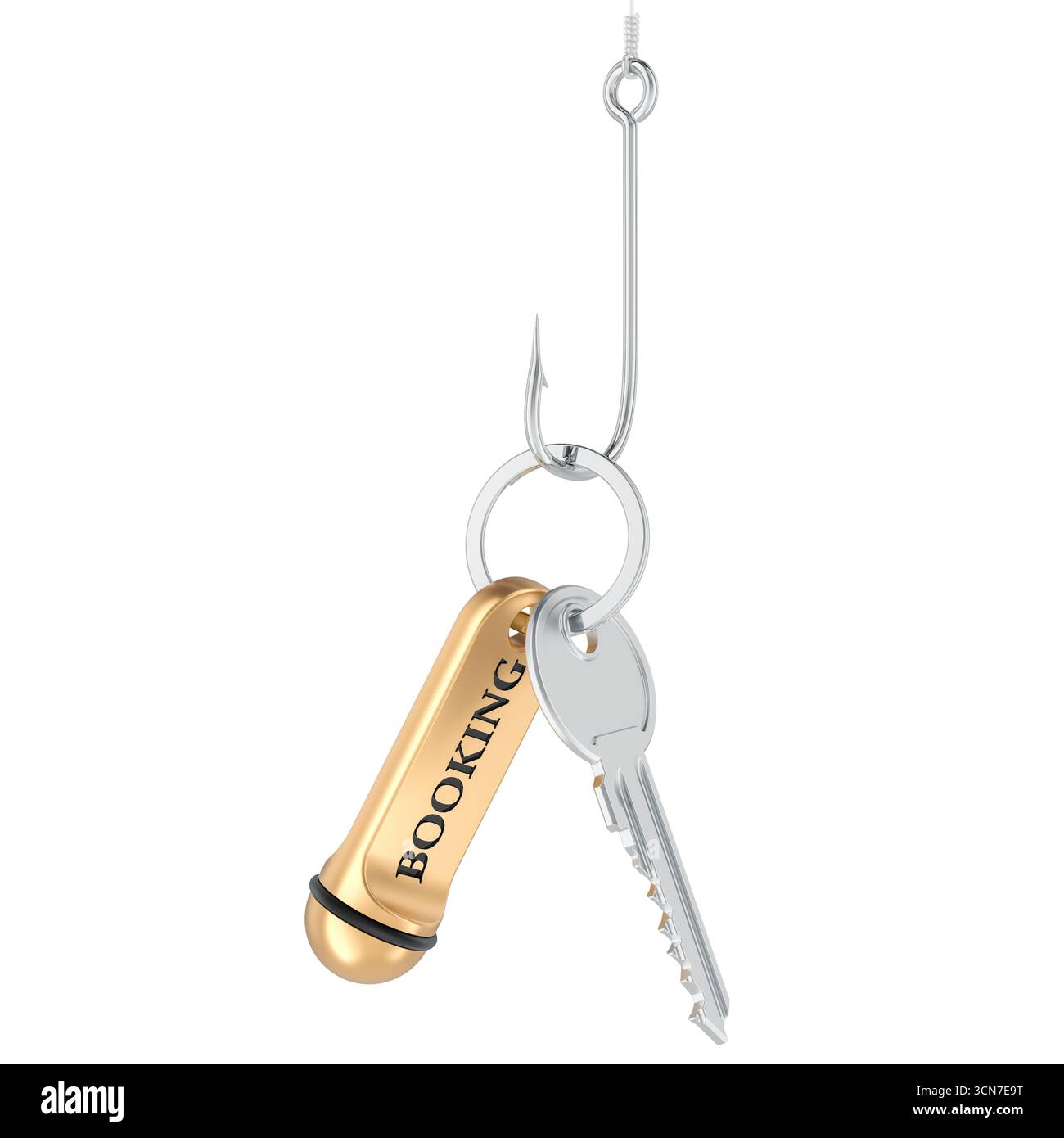 Hotel booking key on fish hook. Concept of scam, phishing, reservation ...