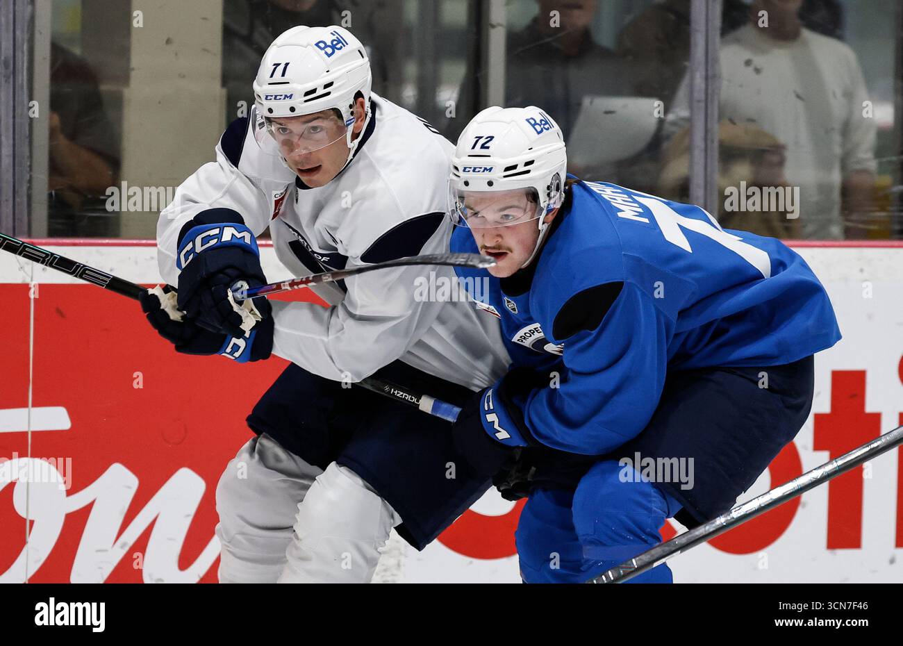 Winnipeg Jets' Owen Martin (72) and Walker Duehr (71) battle for ...