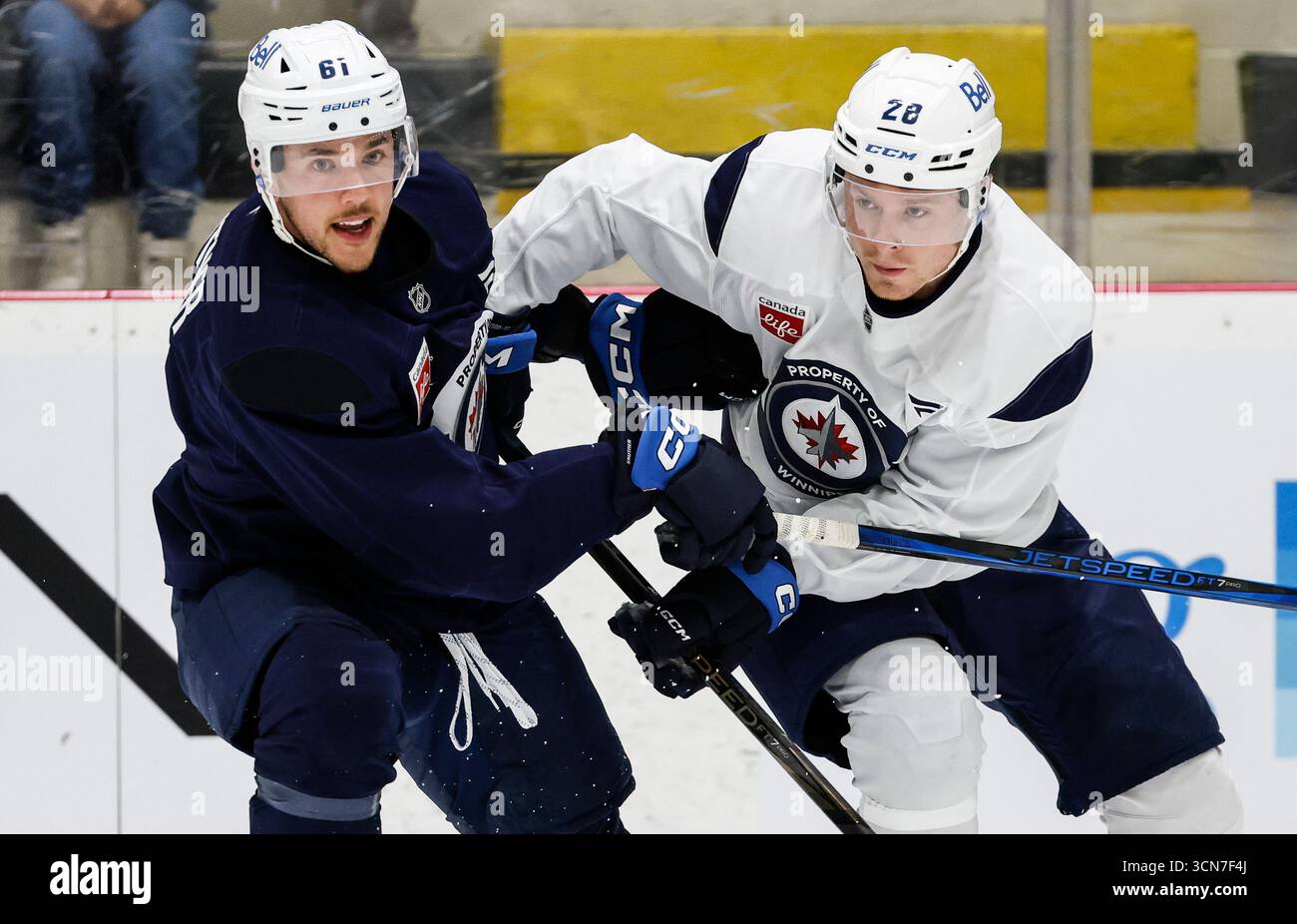 Winnipeg Jets' Ashton Sautner (61) and Jaret Anderson-Dolan (28) battle ...