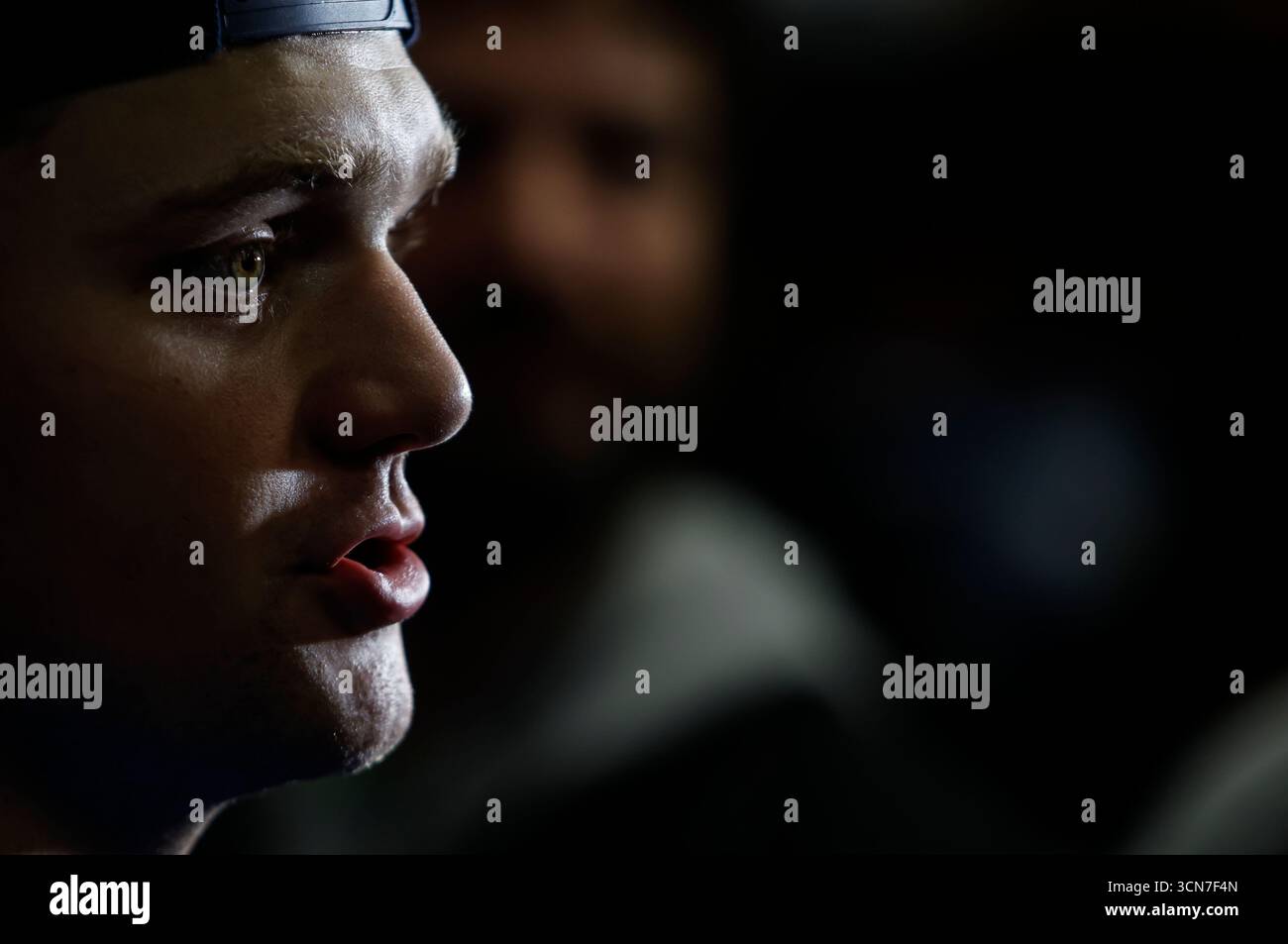 Winnipeg Jets' Cole Perfetti (91) speaks to media during NHL training ...