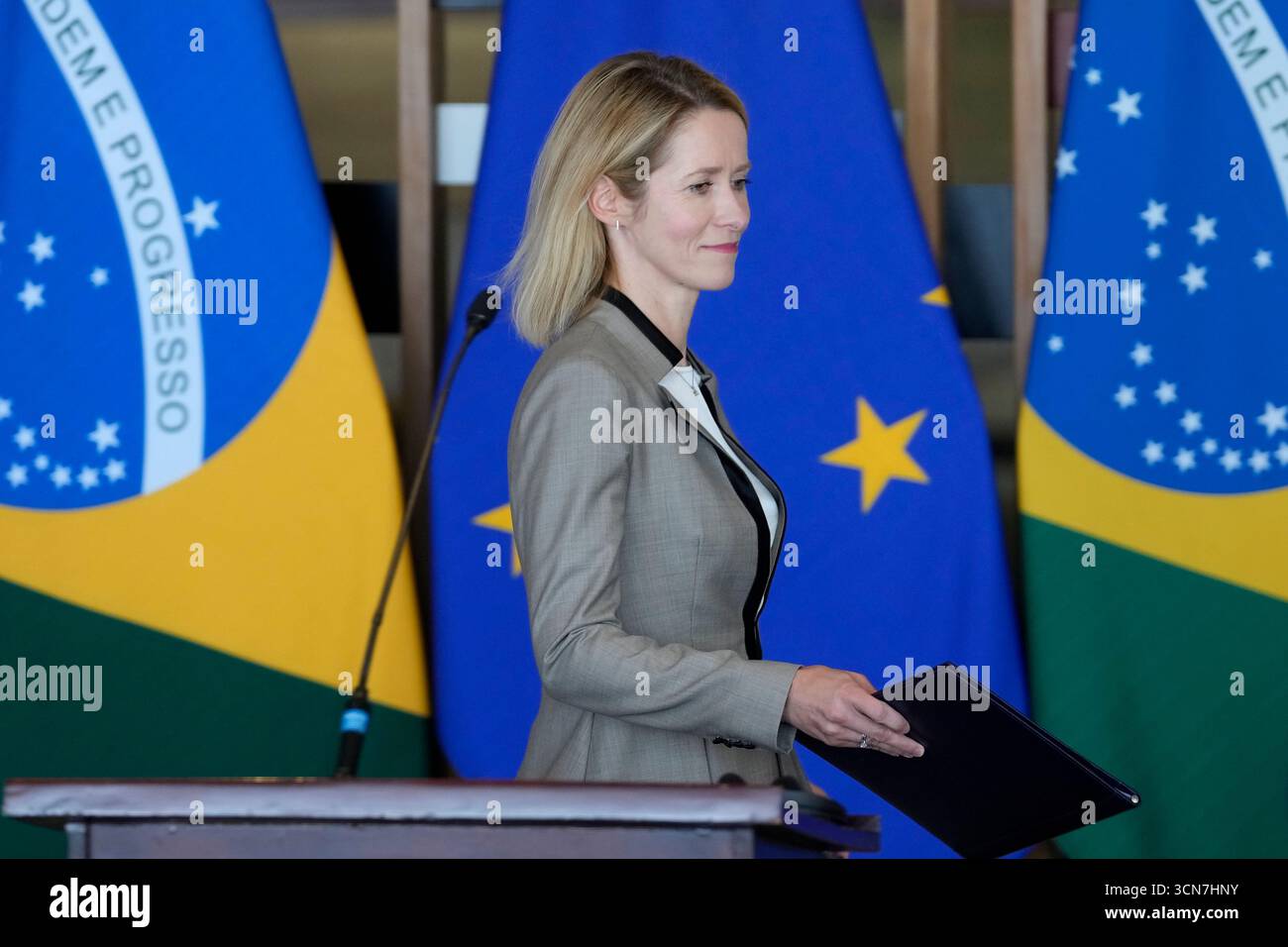 European Union Foreign Policy Chief Kaja Kallas arrives to give a news ...
