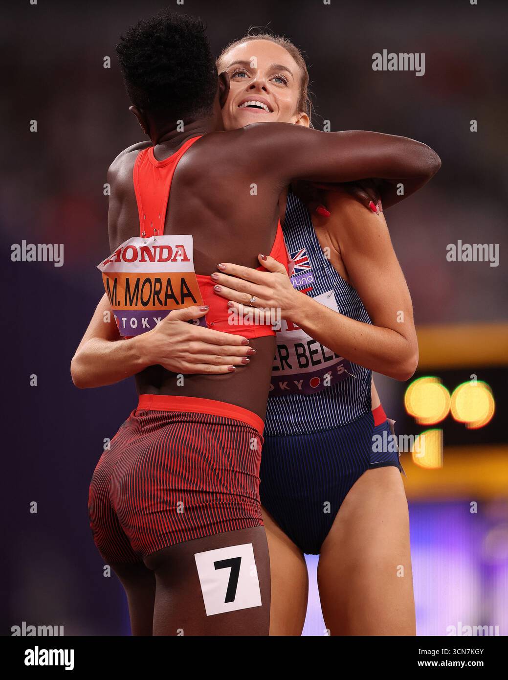 Mary MORAA of Kenya and Georgia Hunter Bell of Great Britain embrace ...