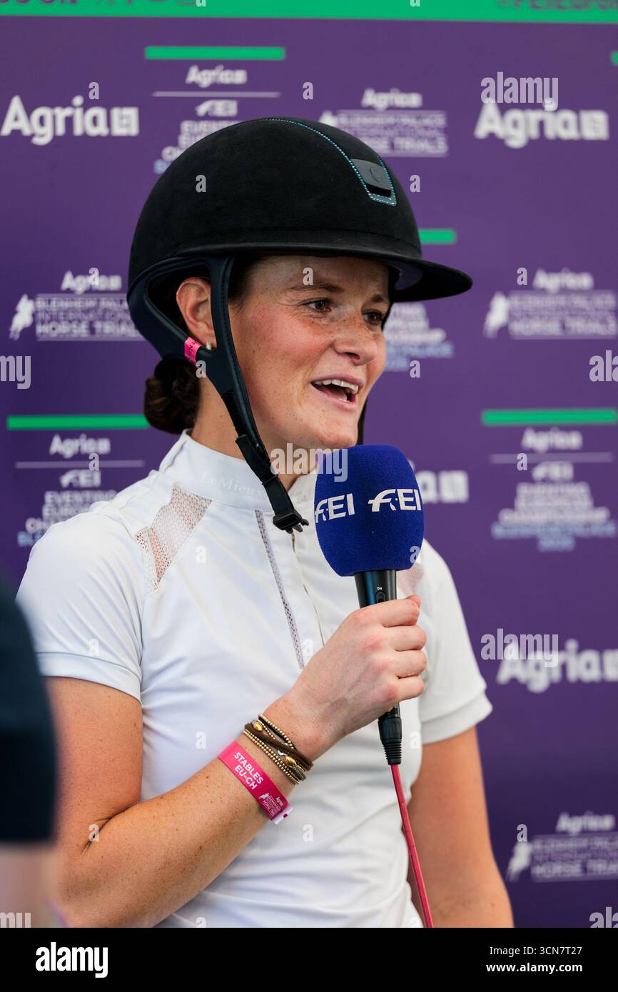 Bubby Upton of Great Britain being interviewed after the dressage test ...