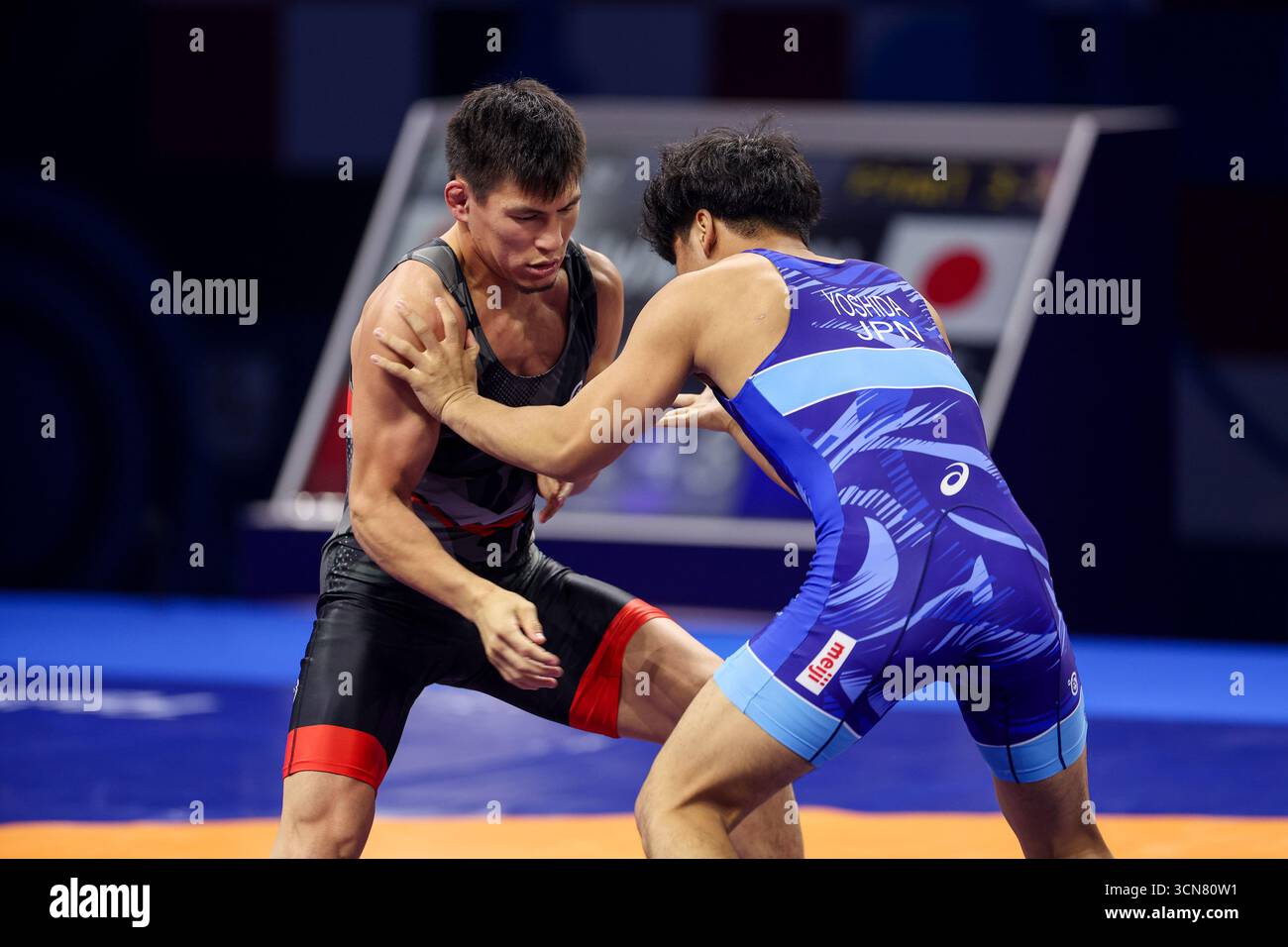 ZAGREB, CROATIA - SEPTEMBER 19: Adlet Tiuliubaev, UWW (red) competes ...