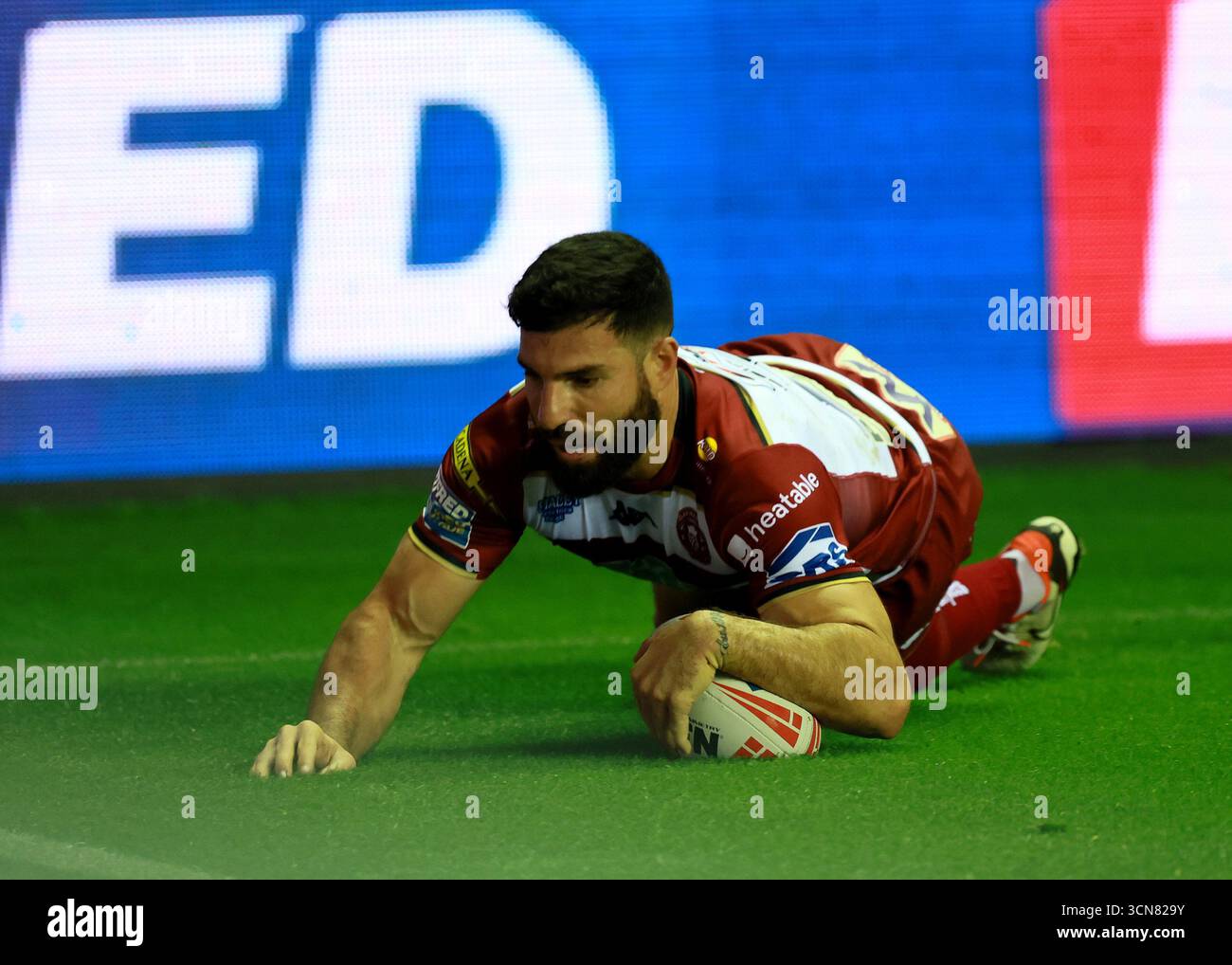 Wigan Warriors Abbas Miski scores the opening try during the Betfred ...