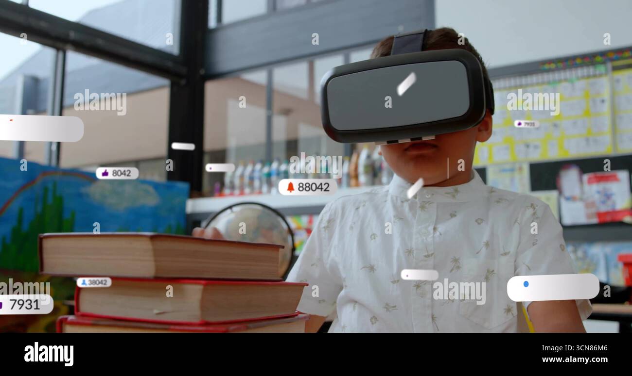 Boy wearing VR headset exploring augmented lesson in classroom, with ...