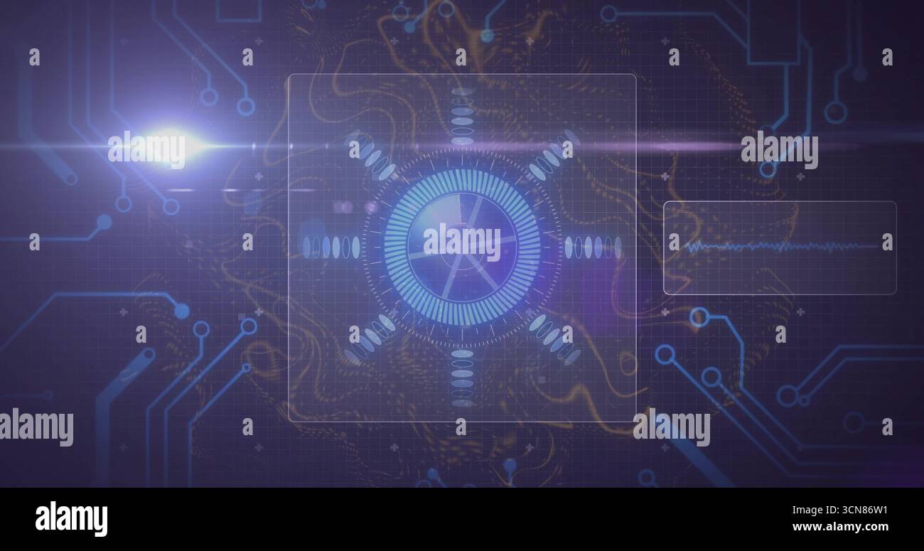 Central circular HUD spinning in virtual UI showing panels, waveform ...