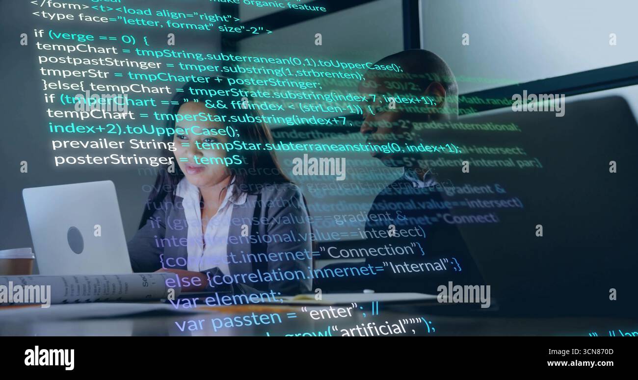 Software team analyzing code on glass screen in tech workspace, with ...