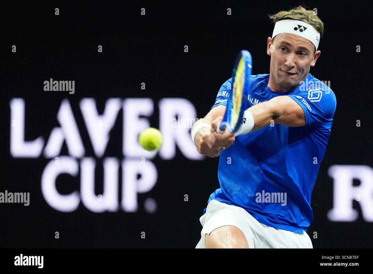 Team Europe's Casper Ruud, of Norway, returns a shot against Team World ...