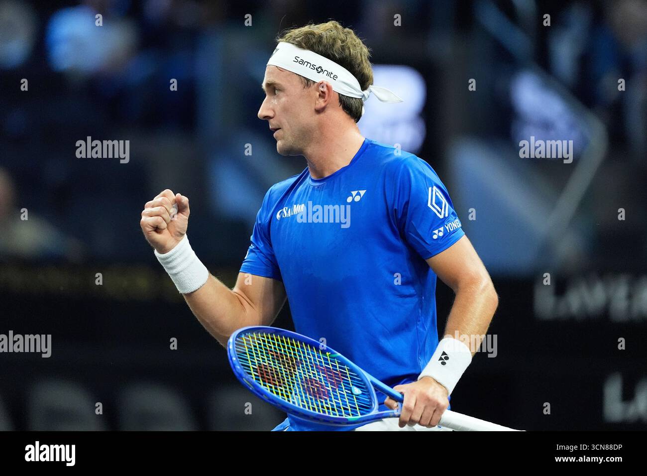 Team Europe's Casper Ruud, of Norway, reacts after winning a game ...