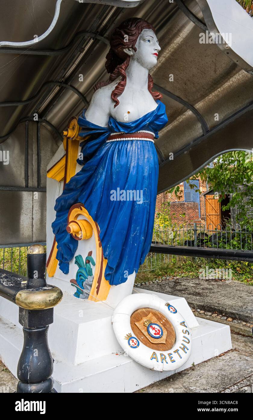 Wooden Figurehead of the war ship Arethusa in Lower Upnor Stock Photo ...