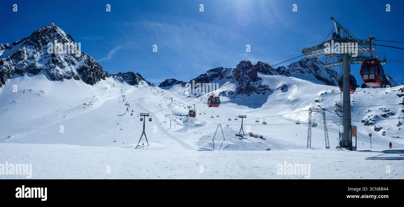 Stubai glacier in Austrian Alps with ski slopes, cable car gondolas ...