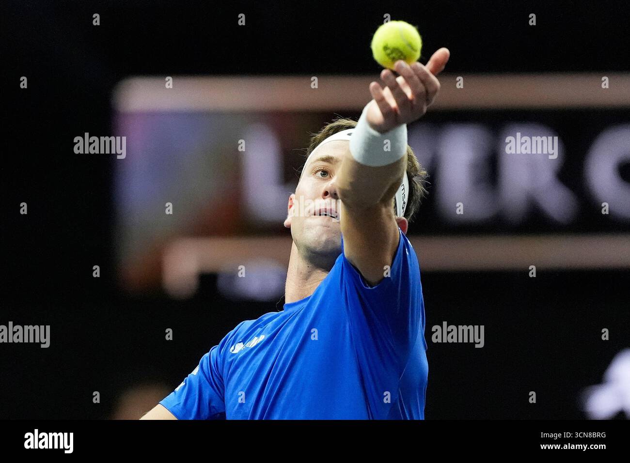 Team Europe's Casper Ruud, of Norway, serves against Team World's ...