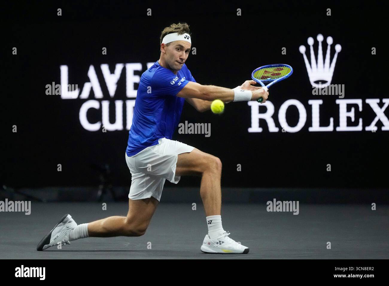 Team Europe's Casper Ruud, of Norway, returns a shot against Team World ...