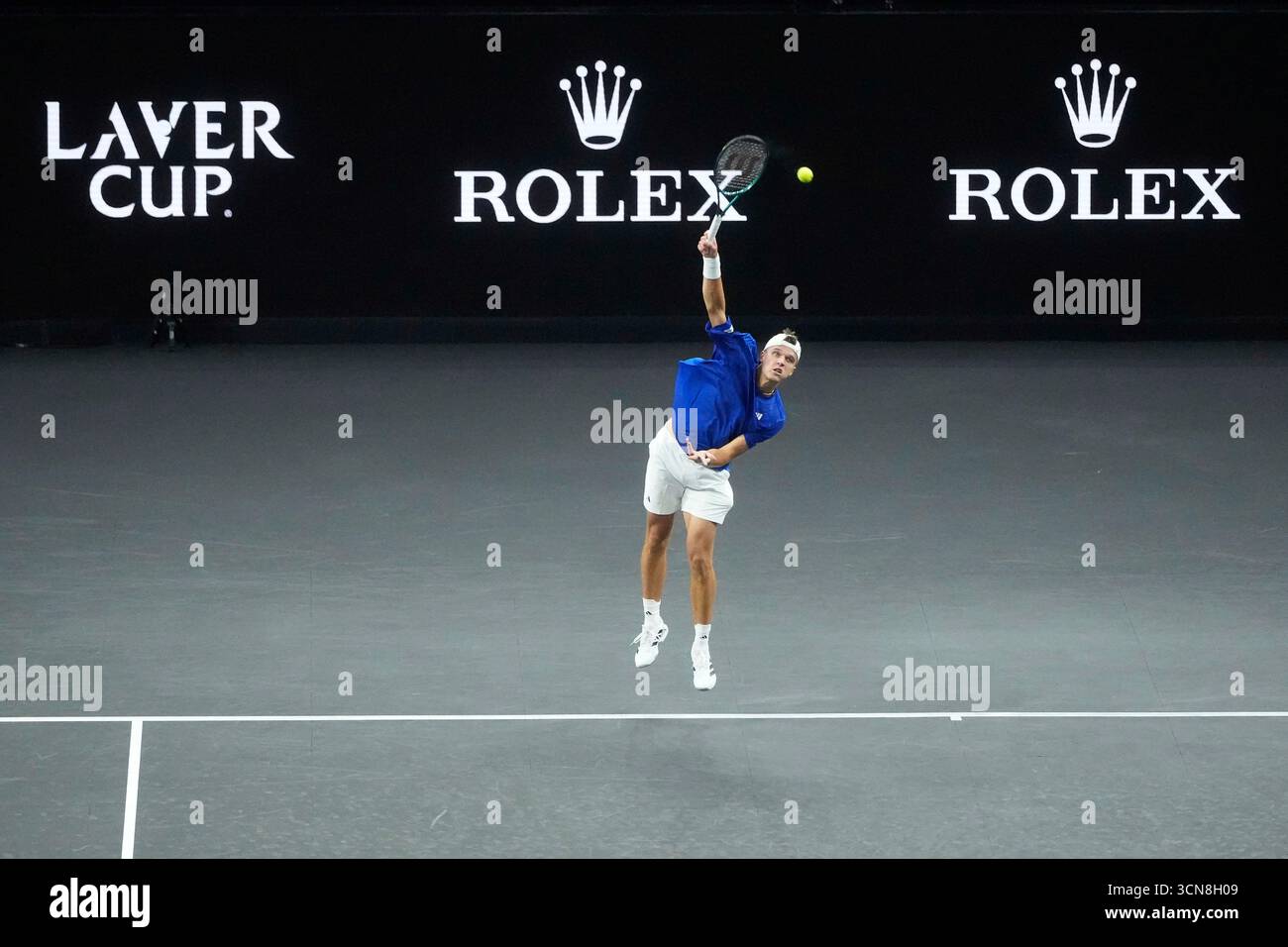 Team Europe's Jakub Mensik, of the Czech Republic, serves against Team ...