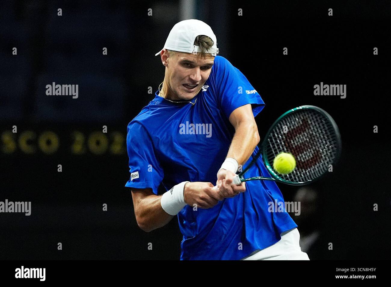 Team Europe's Jakub Mensik, of the Czech Republic, returns a shot ...