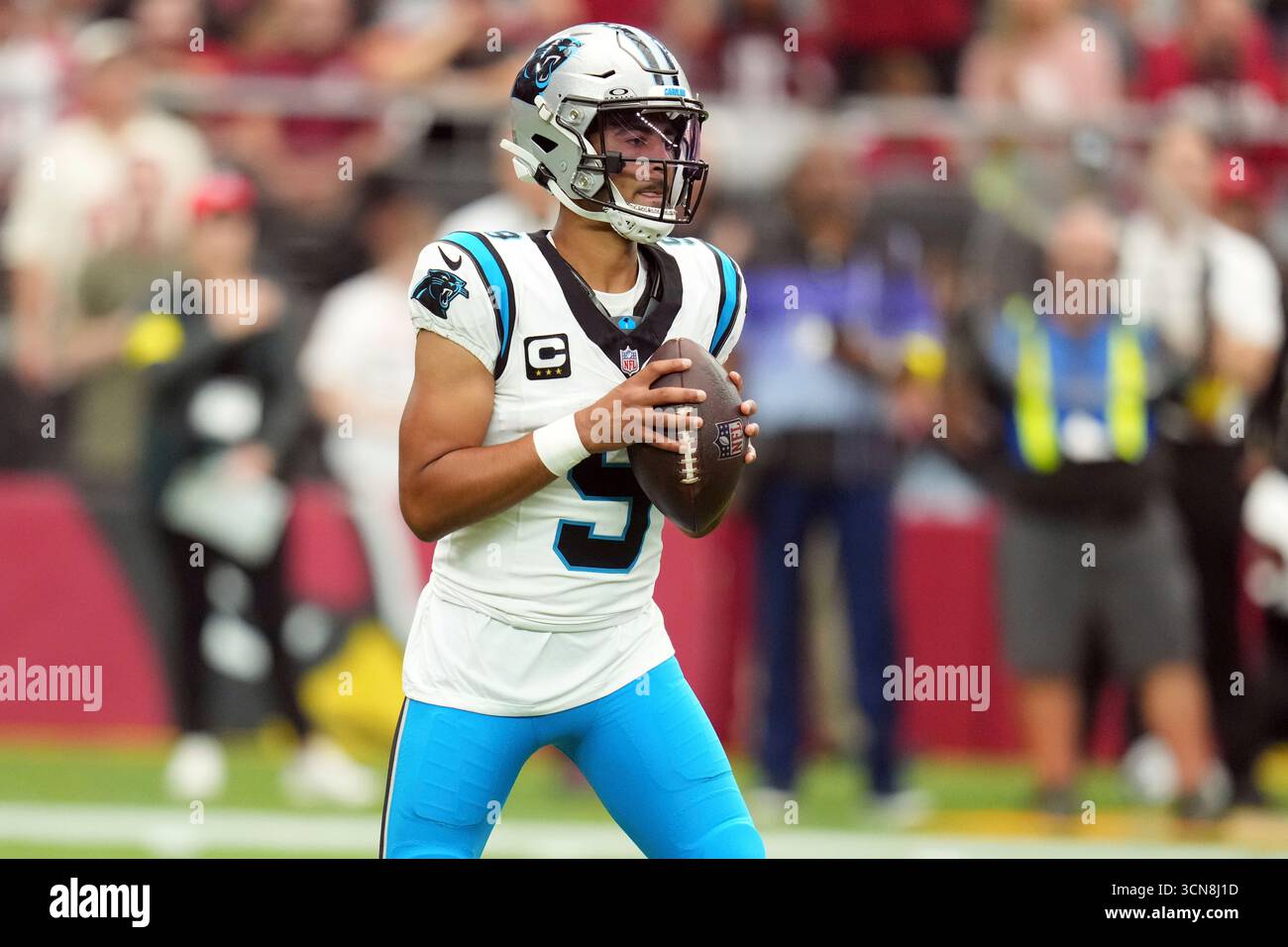 Carolina Panthers quarterback Bryce Young (9) looks to pass against the ...