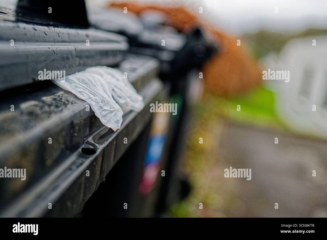 A black trash bin stands wet from rain. A white plastic bag pushes from ...