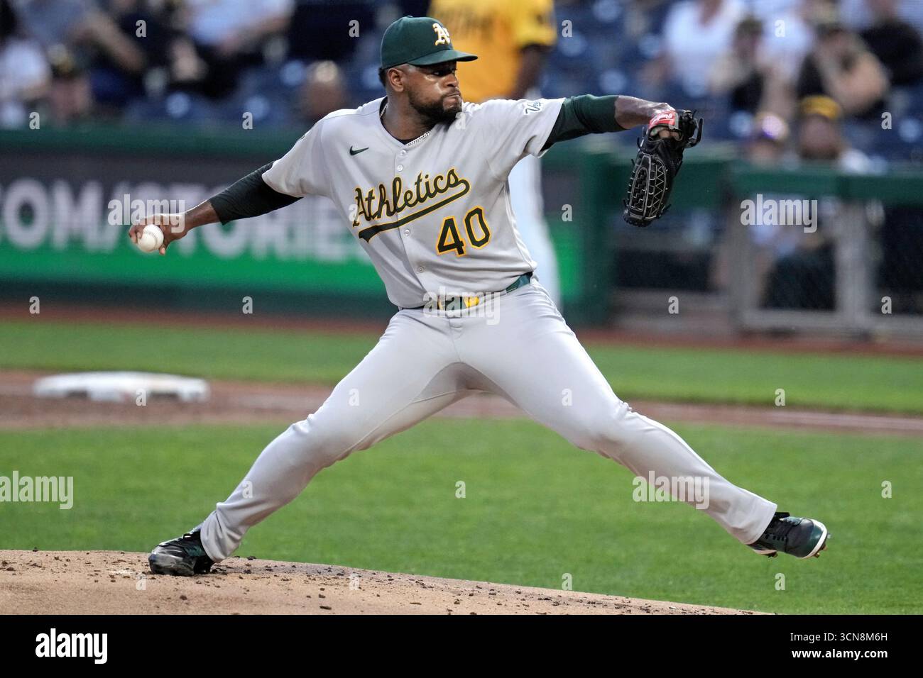Athletics pitcher Luis Severino delivers during the first inning of a baseball game against the ...