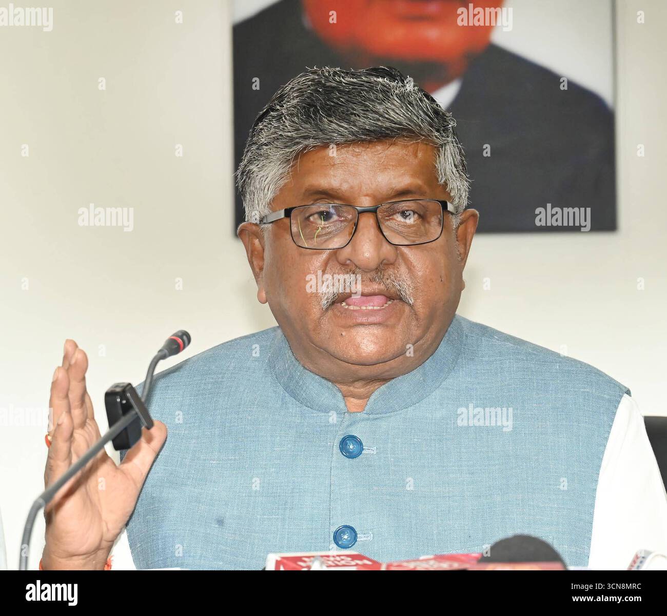 PATNA, INDIA - SEPTEMBER 19: BJP MP Ravi Shankar Prasad addresses a ...