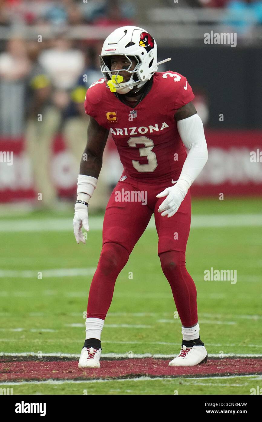 Arizona Cardinals safety Budda Baker (3) lines up against the Carolina ...