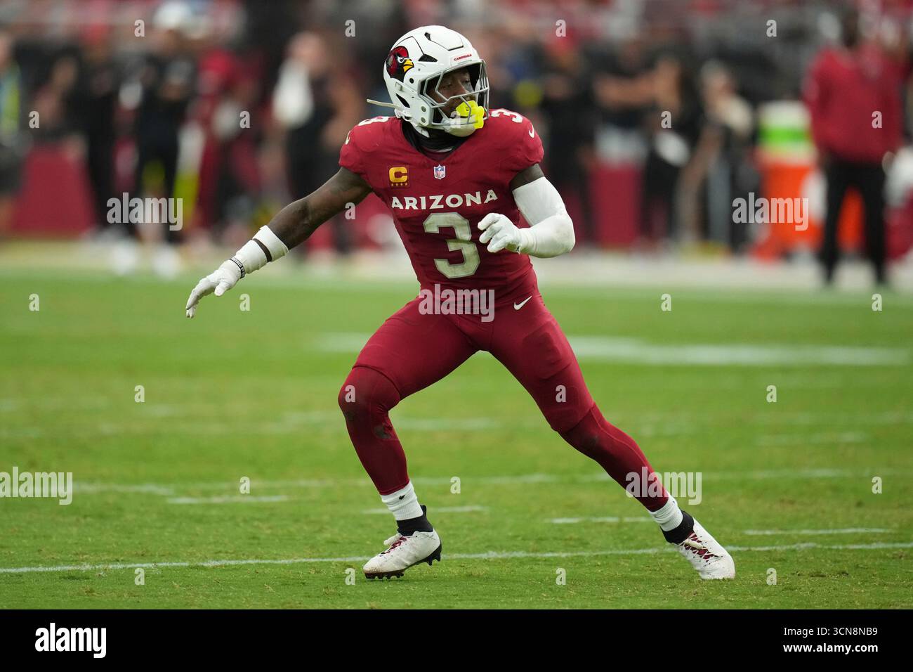Arizona Cardinals safety Budda Baker (3) lines up against the Carolina ...