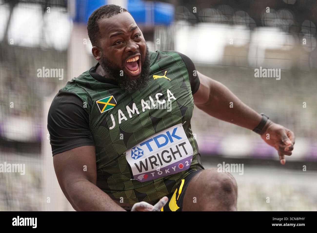 Jamaica's Chad Wright reacts in the men's discus throw qualification at ...