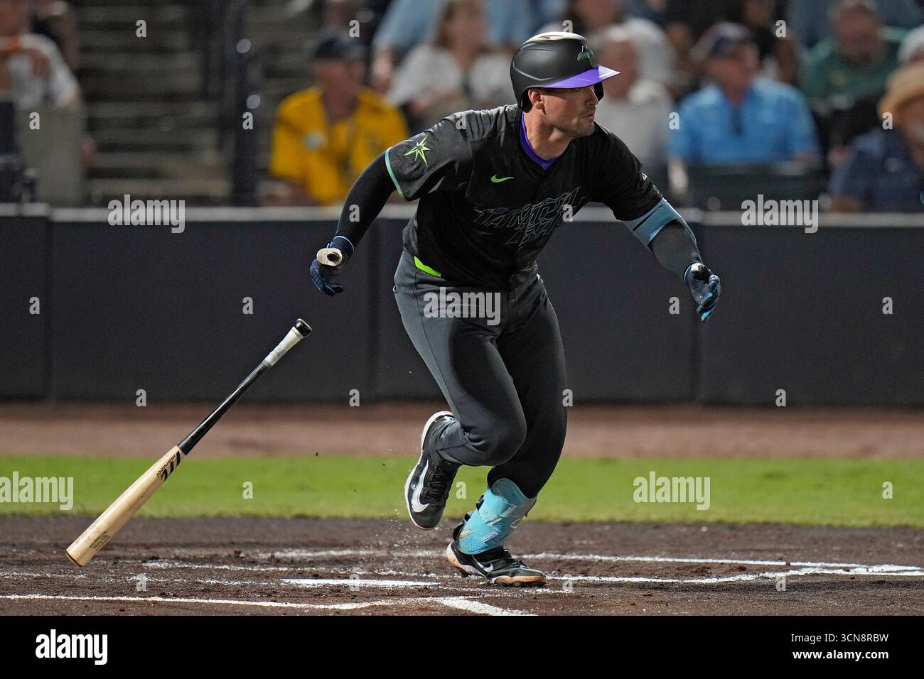 Tampa Bay Rays' Nick Fortes watches his RBI single off Boston Red Sox ...