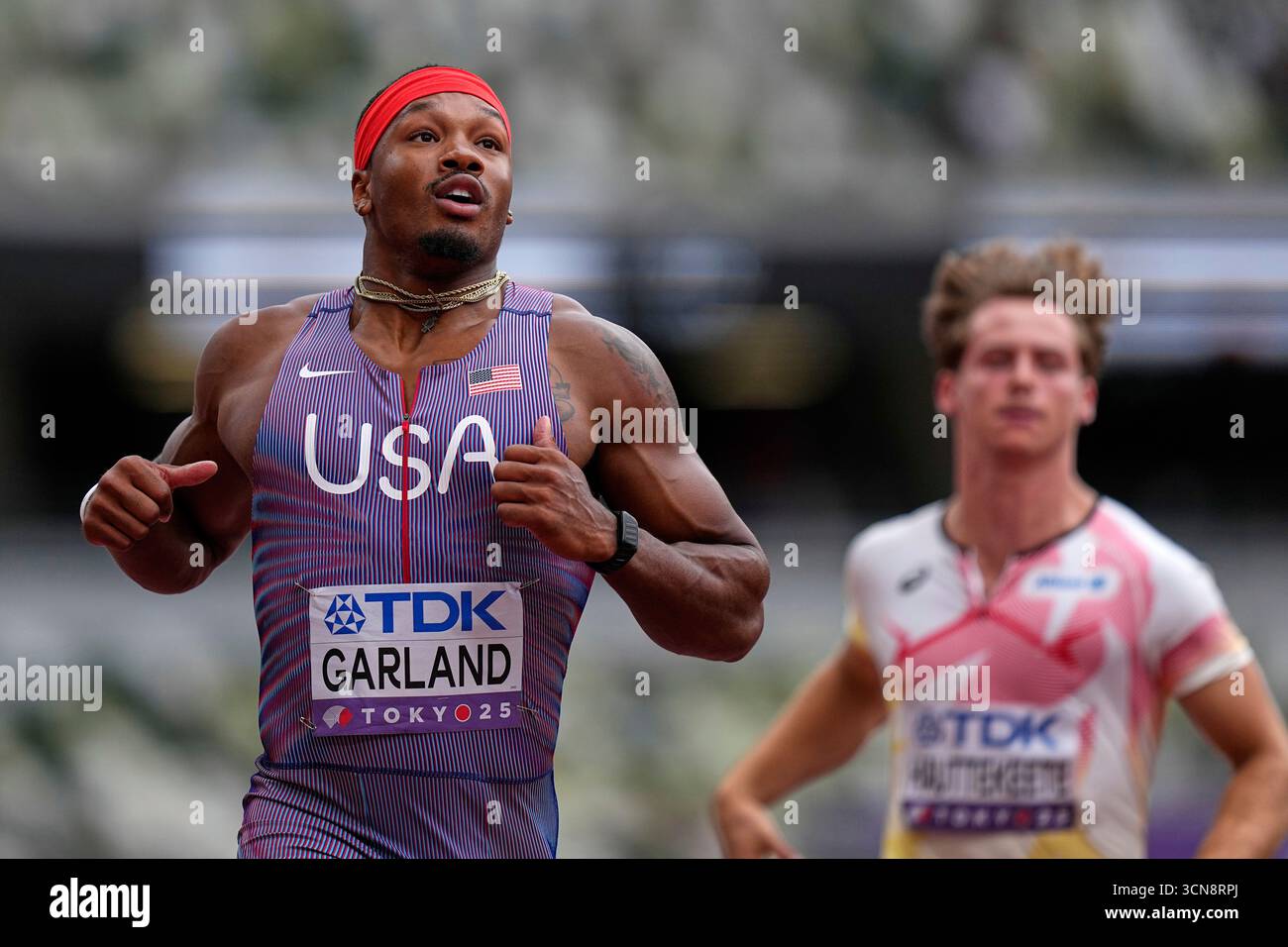 United States' Kyle Garland crosses the line in the decathlon 100 ...
