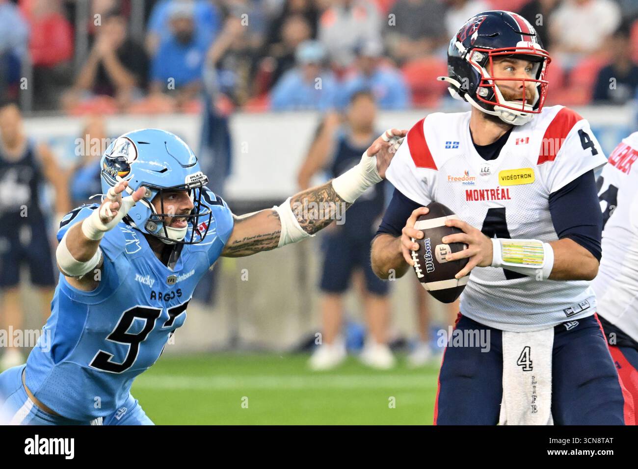 Montreal Alouettes quarterback McLeod Bethel-Thompson (4) is sacked by ...