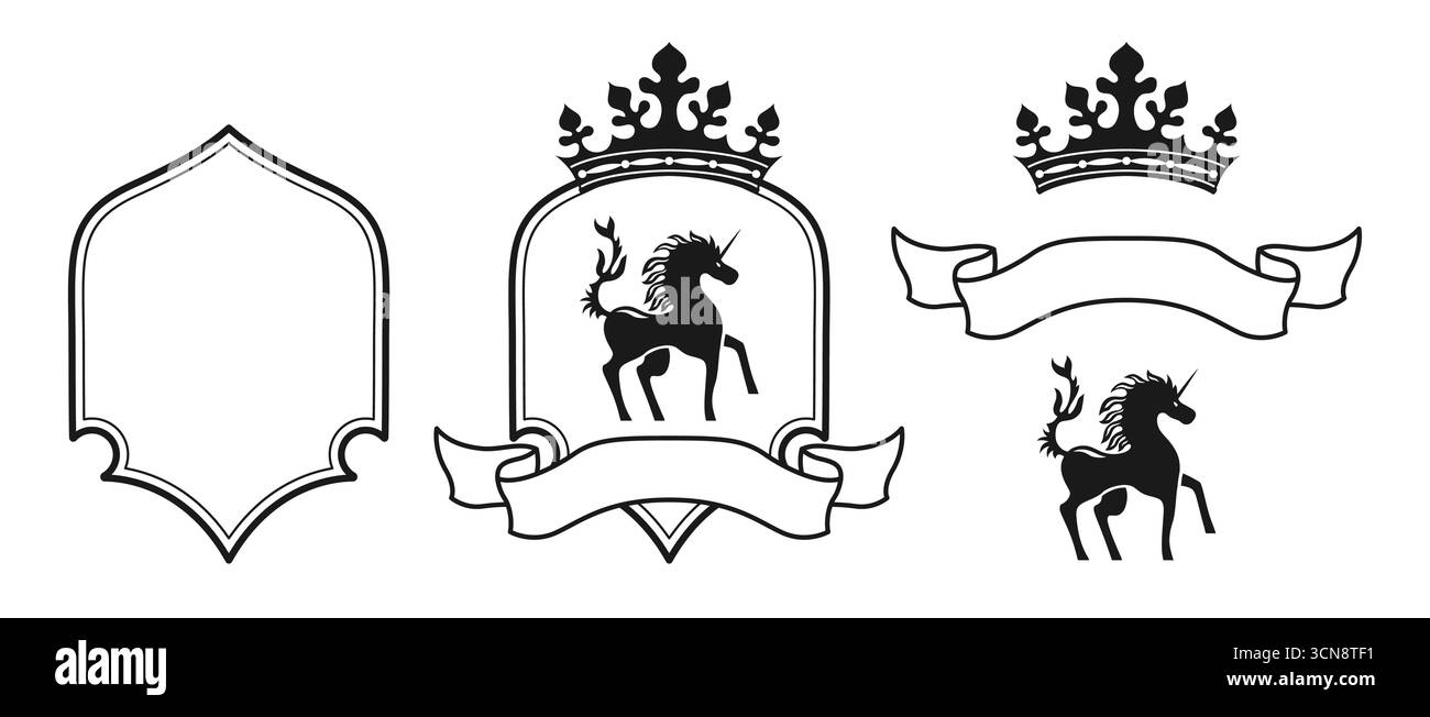 Coat of arms with unicorn and tape ribbon with shield, crown. Heraldic ...